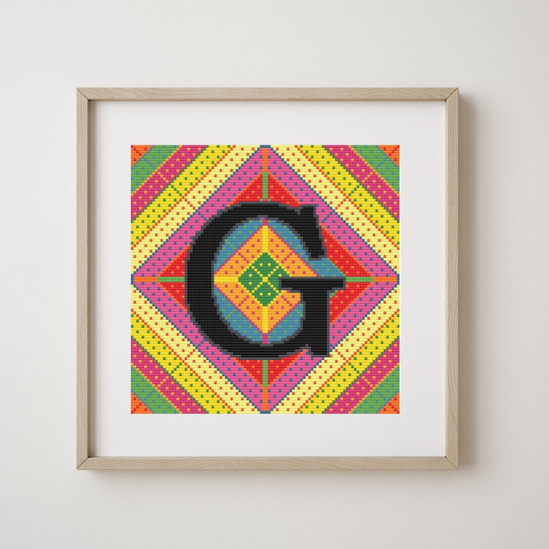 Letter G, Cross Stitch Alphabet Pattern, in Black on a Multicoloured ...