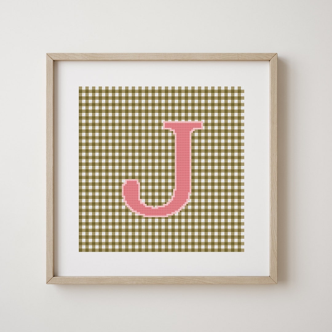 Letter J Cross Stitch Pattern: Pink Monogram on Gingham (PDF Pattern ...