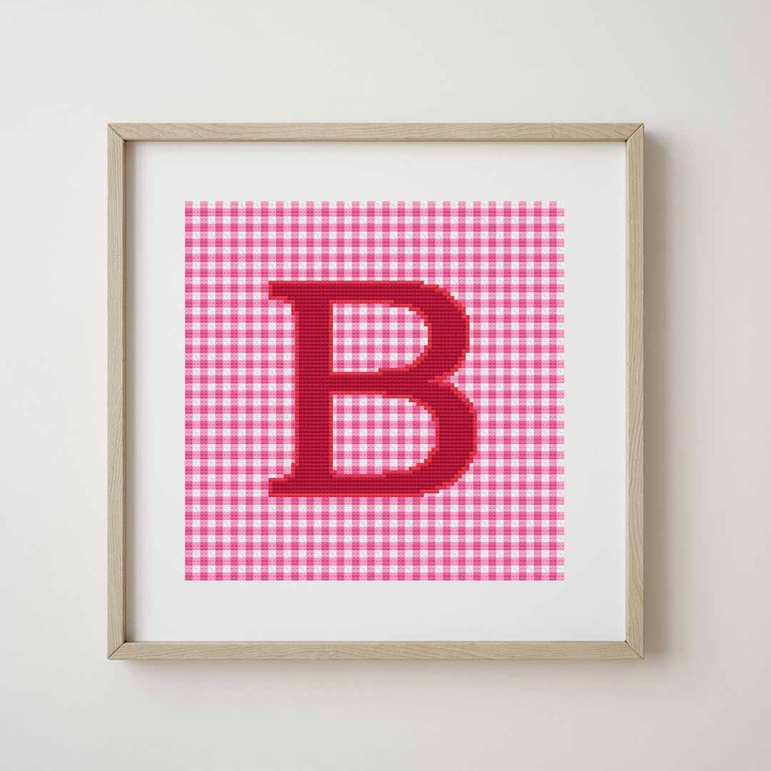Letter B, Cross Stitch Alphabet Pattern, Red Letter on Pink Gingham ...