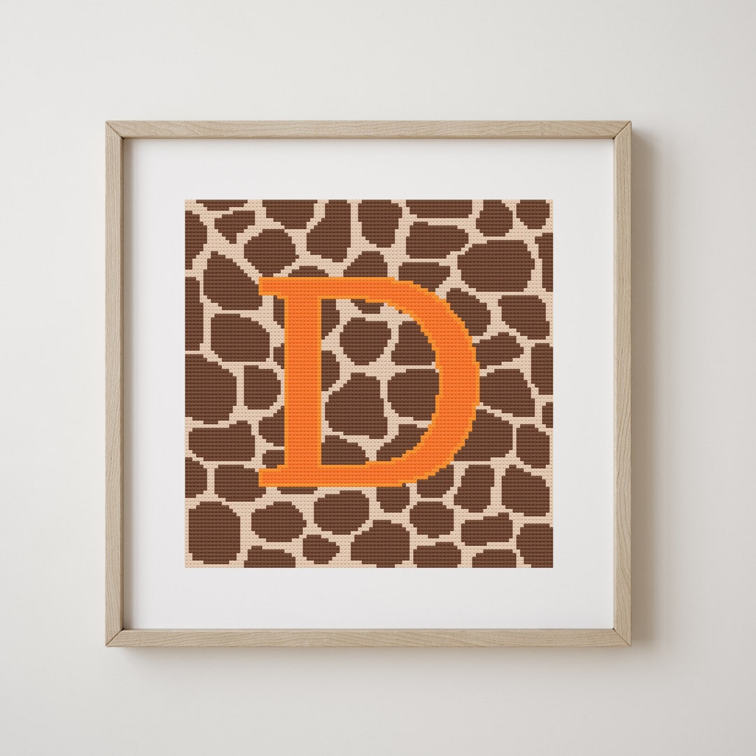 Letter D, Cross Stitch Alphabet Pattern, Orange Letter on Giraffe Print ...