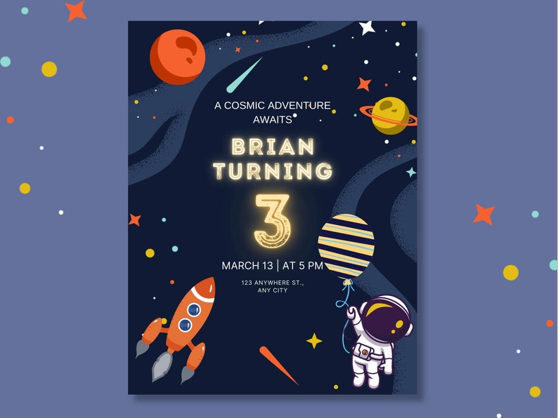 Space Theme Birthday Invitation, Astronaut Party Invite Template ...