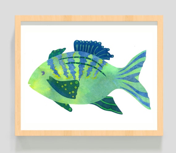 Fish Art Print Colourful Fish in Green Turquoise Blue | Etsy