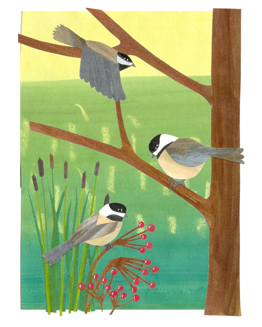 Chickadees- Bird Collage Art - 8x10 Inches - Chickadees With Landscape ...