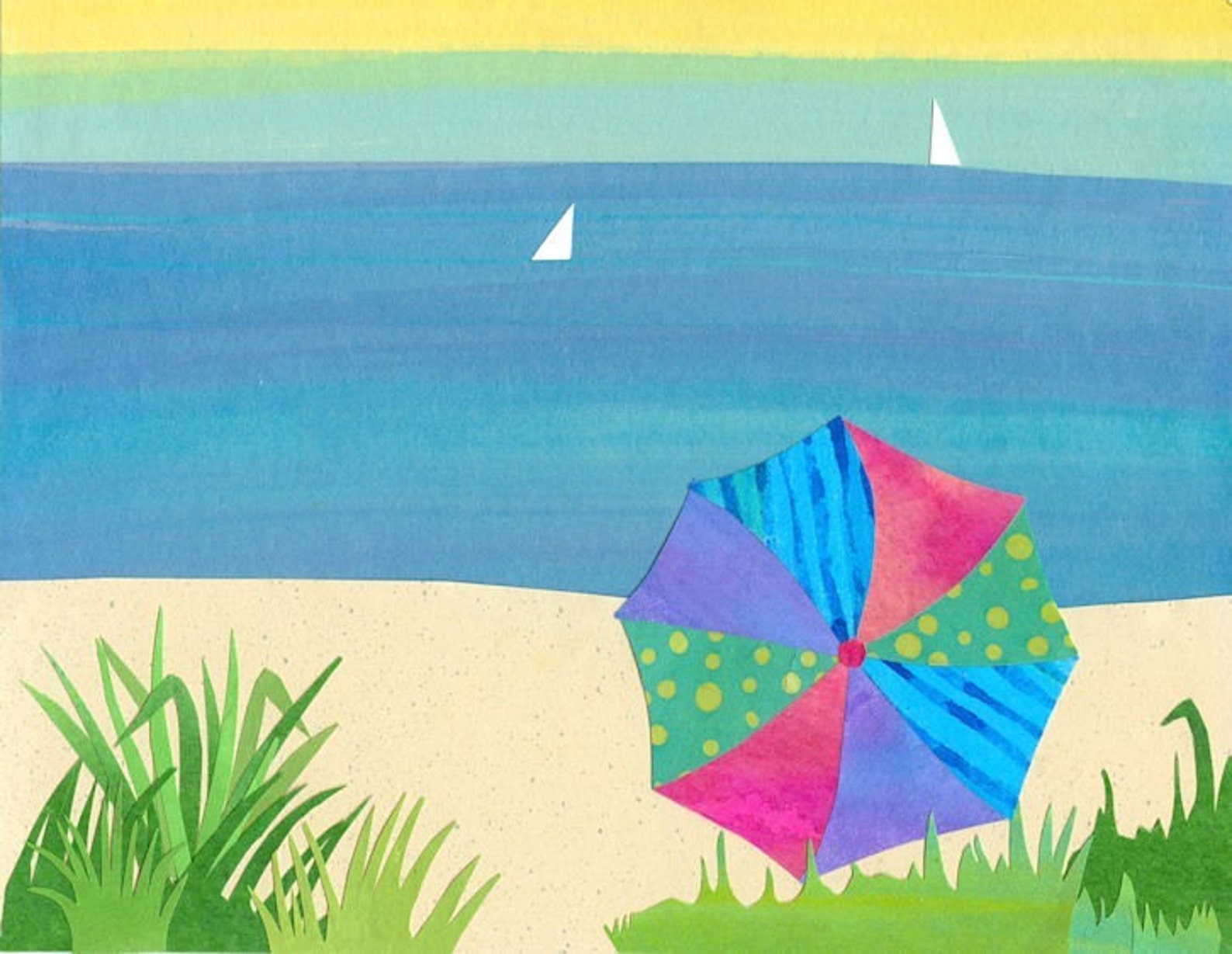 Beach Art Print - Beach Breezes - Painted Paper Collage - 8 X 10 Inches ...