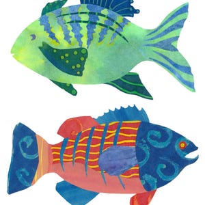 Fish Art Print - Two Fanciful Fish - Red, Blue, Green - Painted Paper ...