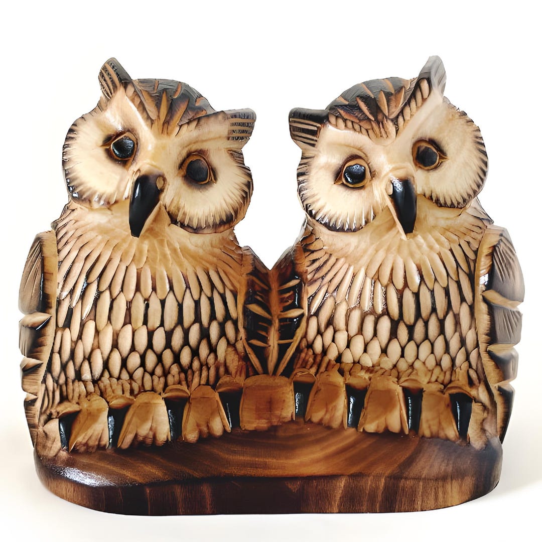 Hand-carved Twin Wooden Owl Statuejapanese Craft From Hokkaidolucky Owl ...