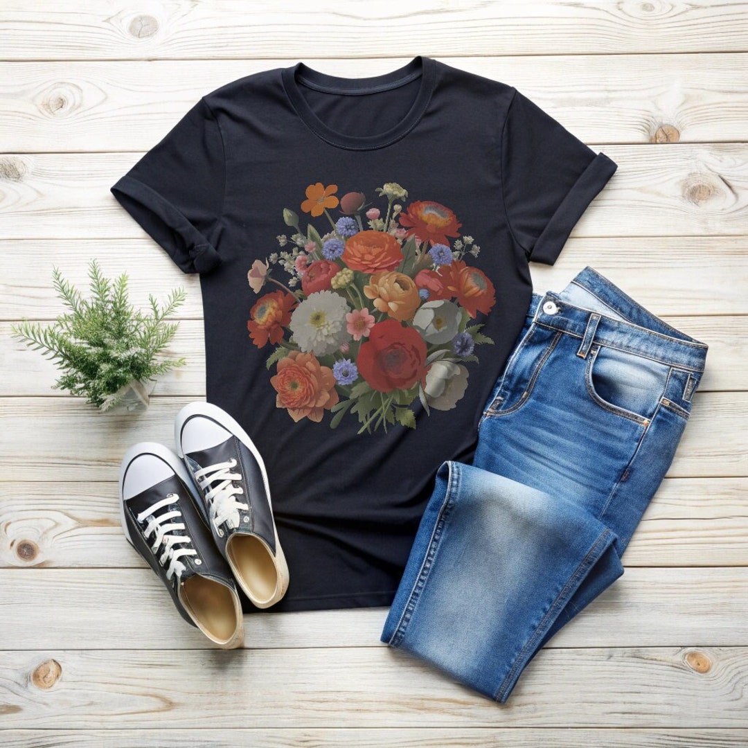 Flower Ranunculus, Begonia, Zinnia, Tulip, Bachelor Button T-shirt ...