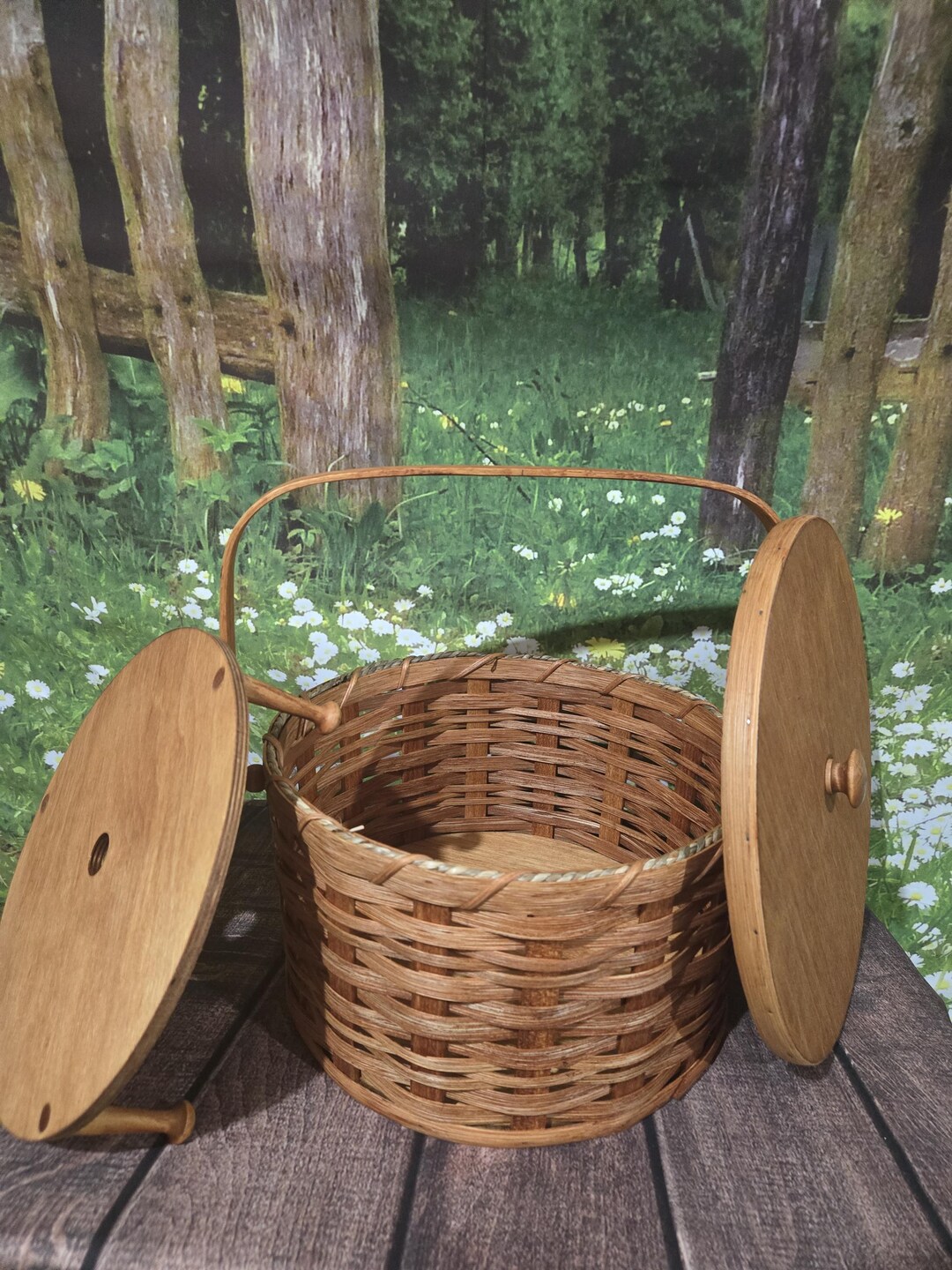 Round Double Pie Carrier Basket With Tray and Lid Single Handle Amish ...