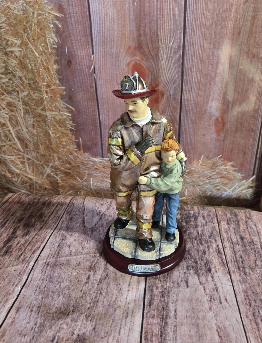 Fireman With His Arms Around a Little Boy 3D Resin Decorative Figurine ...