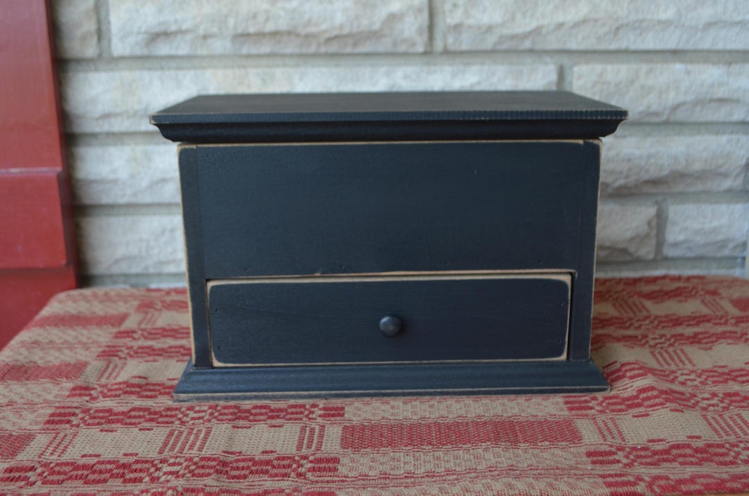Wood Box Organizer Hinged Lid With Drawer Black Farmhouse Rustic ...