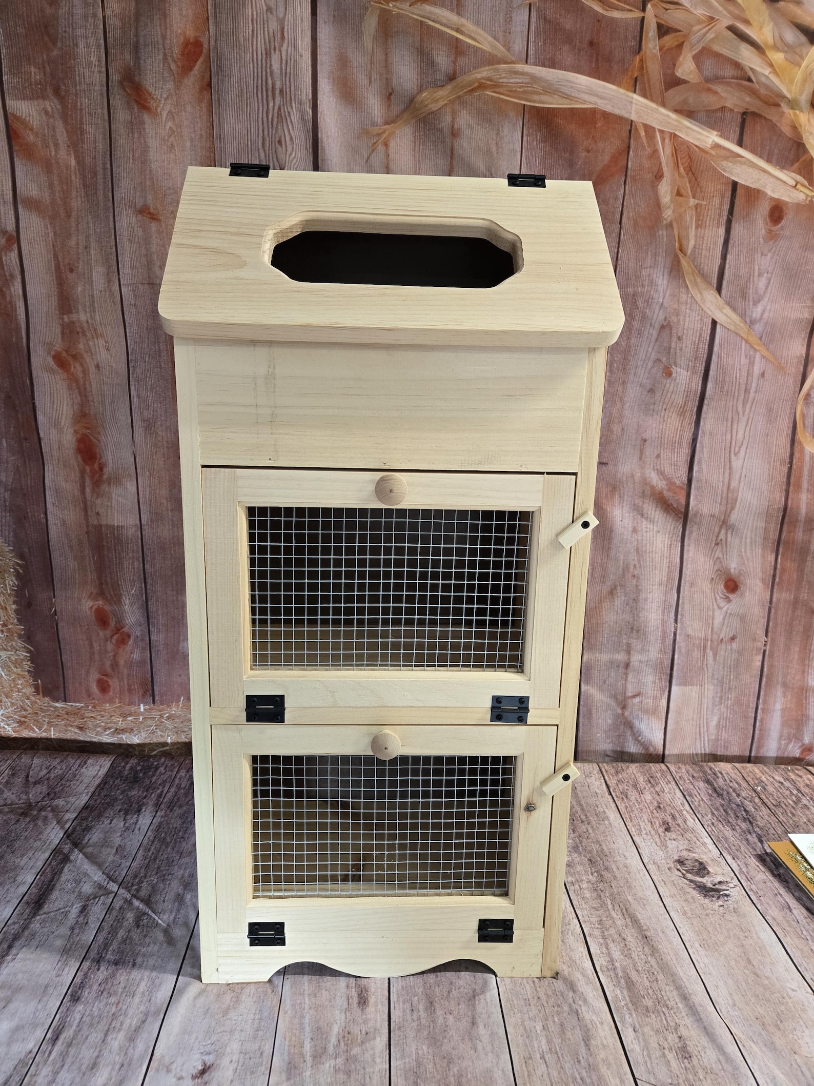 Unfinished Handcrafted Solid Pine Bread Box With 2 Door Vegetable Bins ...