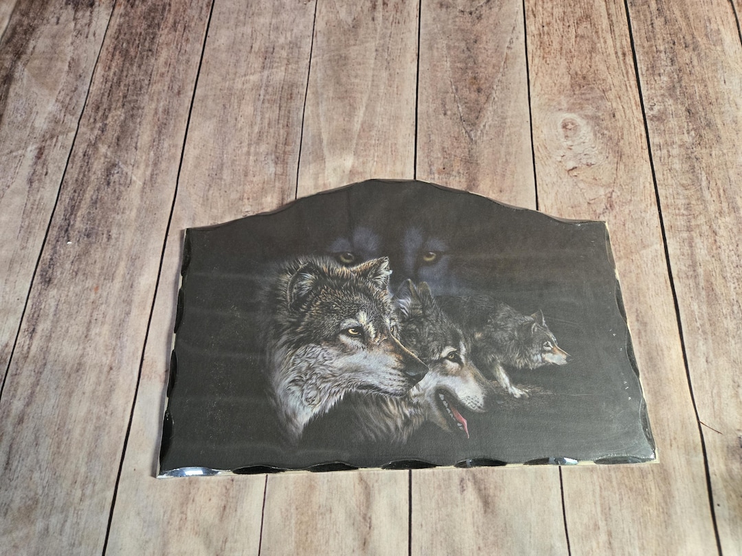 Wolf Pack With Optical Illusions Wooden Sign Distressed Black Border ...