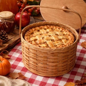 Round Double Pie Carrier Basket With Tray and Lid Single Handle Amish ...