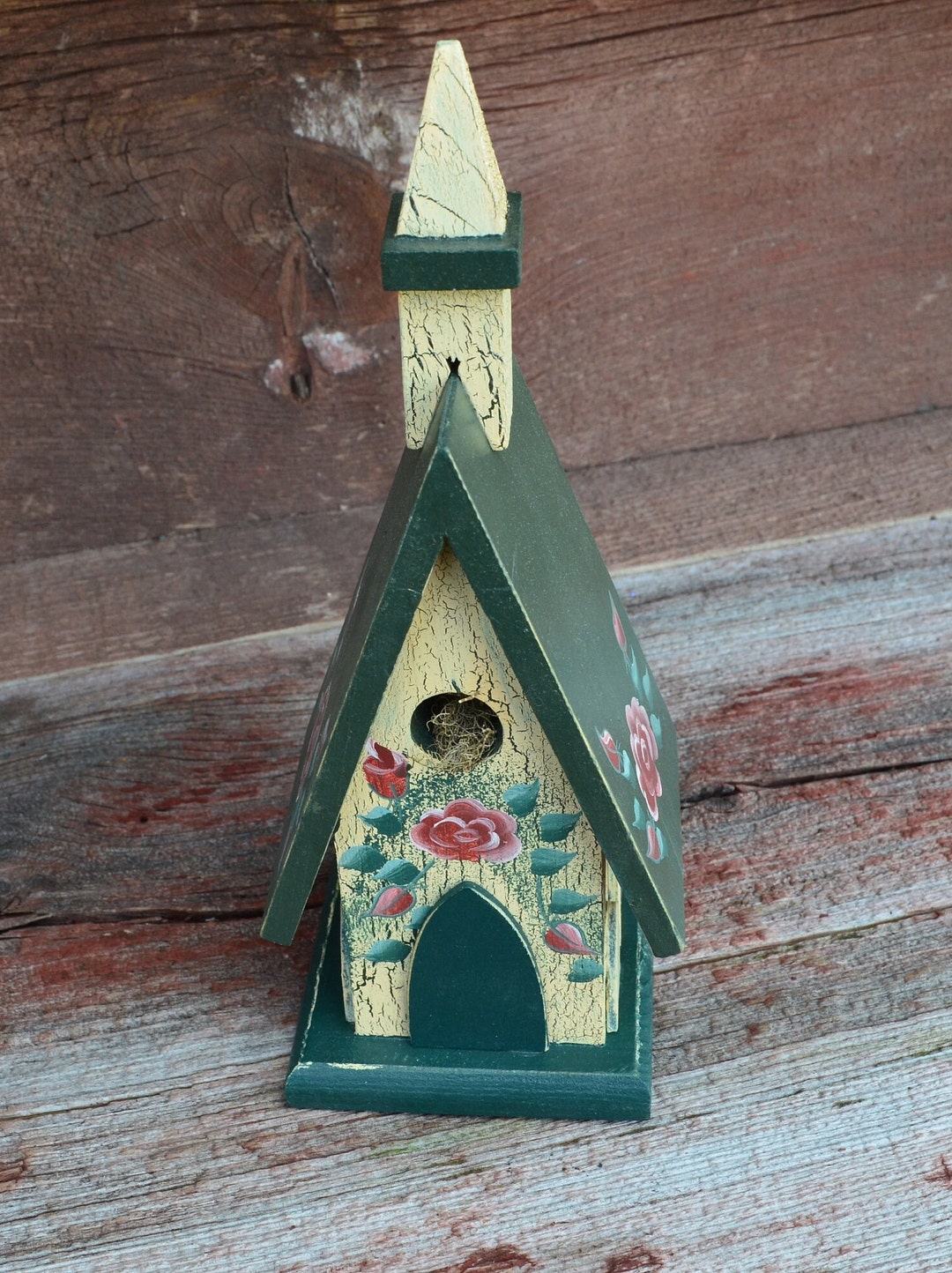 Church Bird House With Painted Roses and Leaves. off White Crackle ...