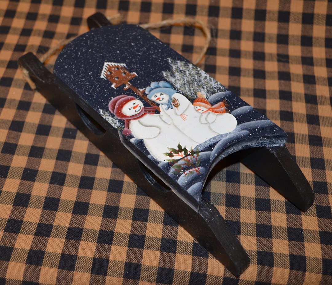 Handcrafted Wooden Sled Wall Décor: Charming Snowman Family Scene ...