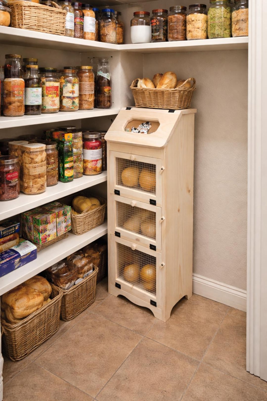 Amish Handcrafted Solid Pine Bread Box With 3 Door Vegetable Bin. Wood ...