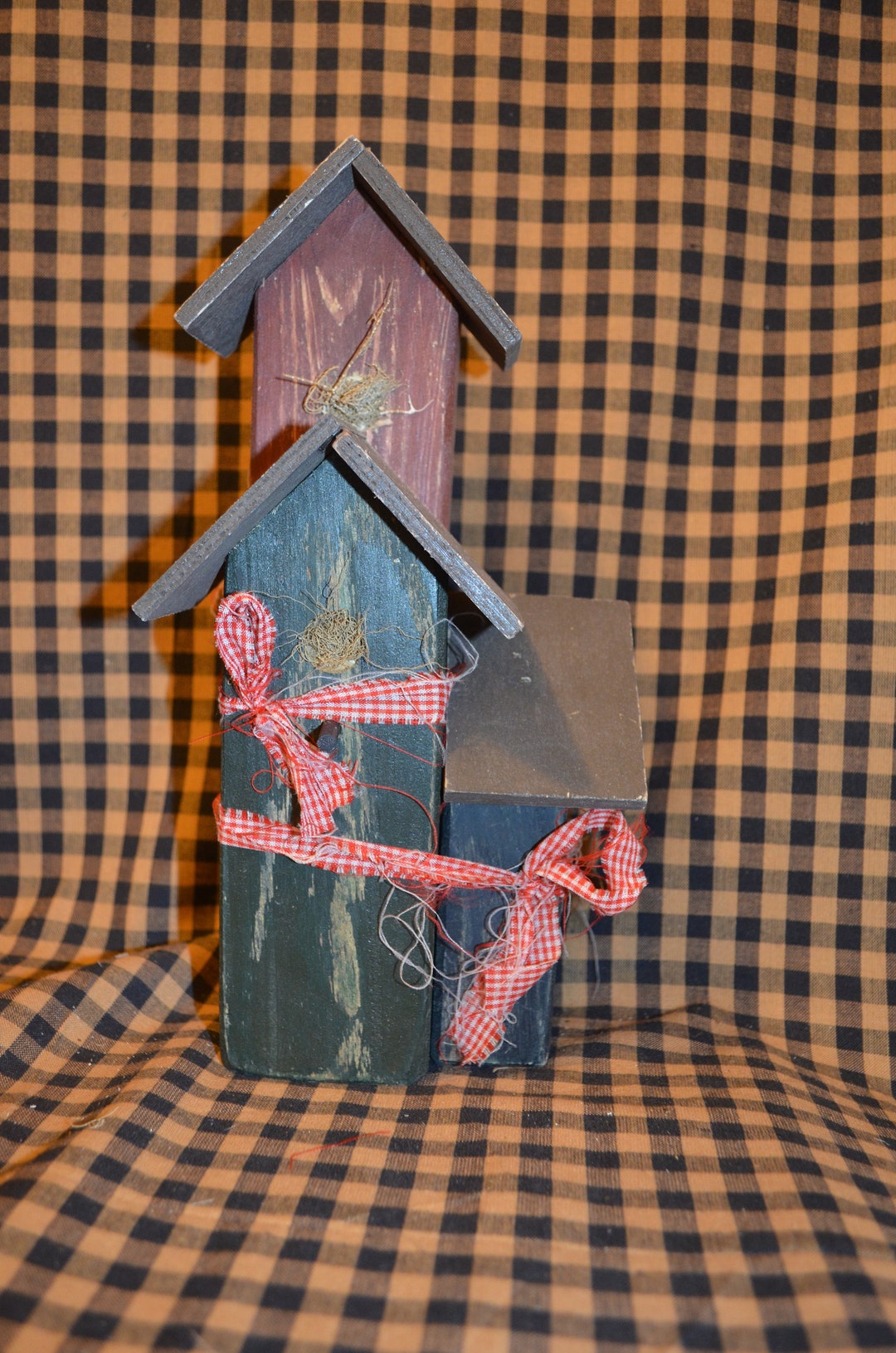 Rustic Amish Wooden Birdhouse Trio: Handcrafted Garden Décor With Red ...