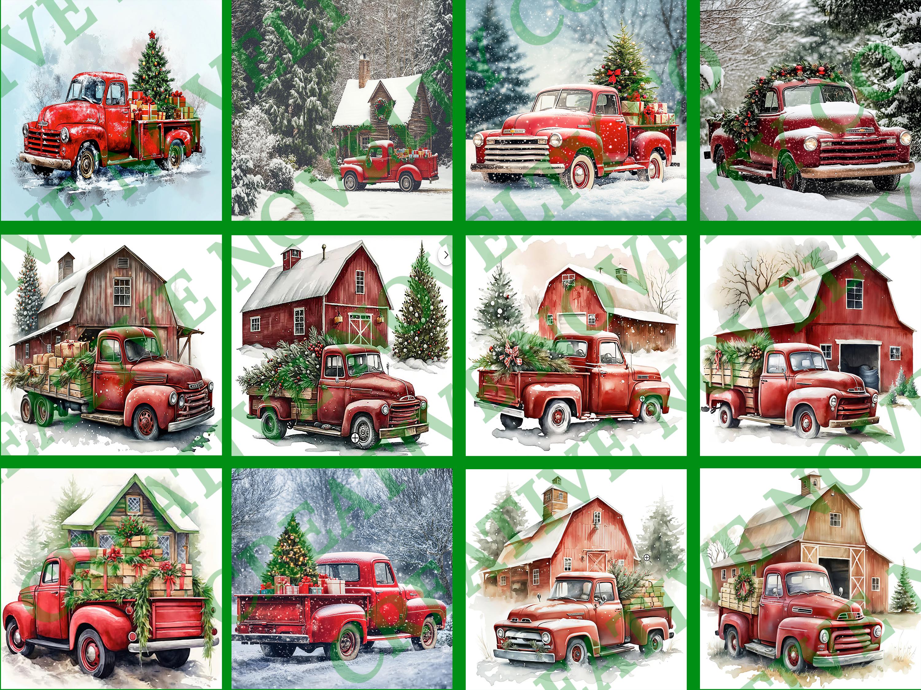 Vintage Red Christmas Truck Clipart, Snowy Scene, Perfect for Holiday ...