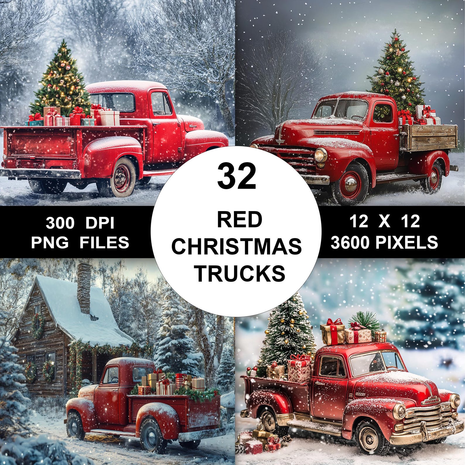 Vintage Red Christmas Truck Clipart, Snowy Scene, Perfect for Holiday ...