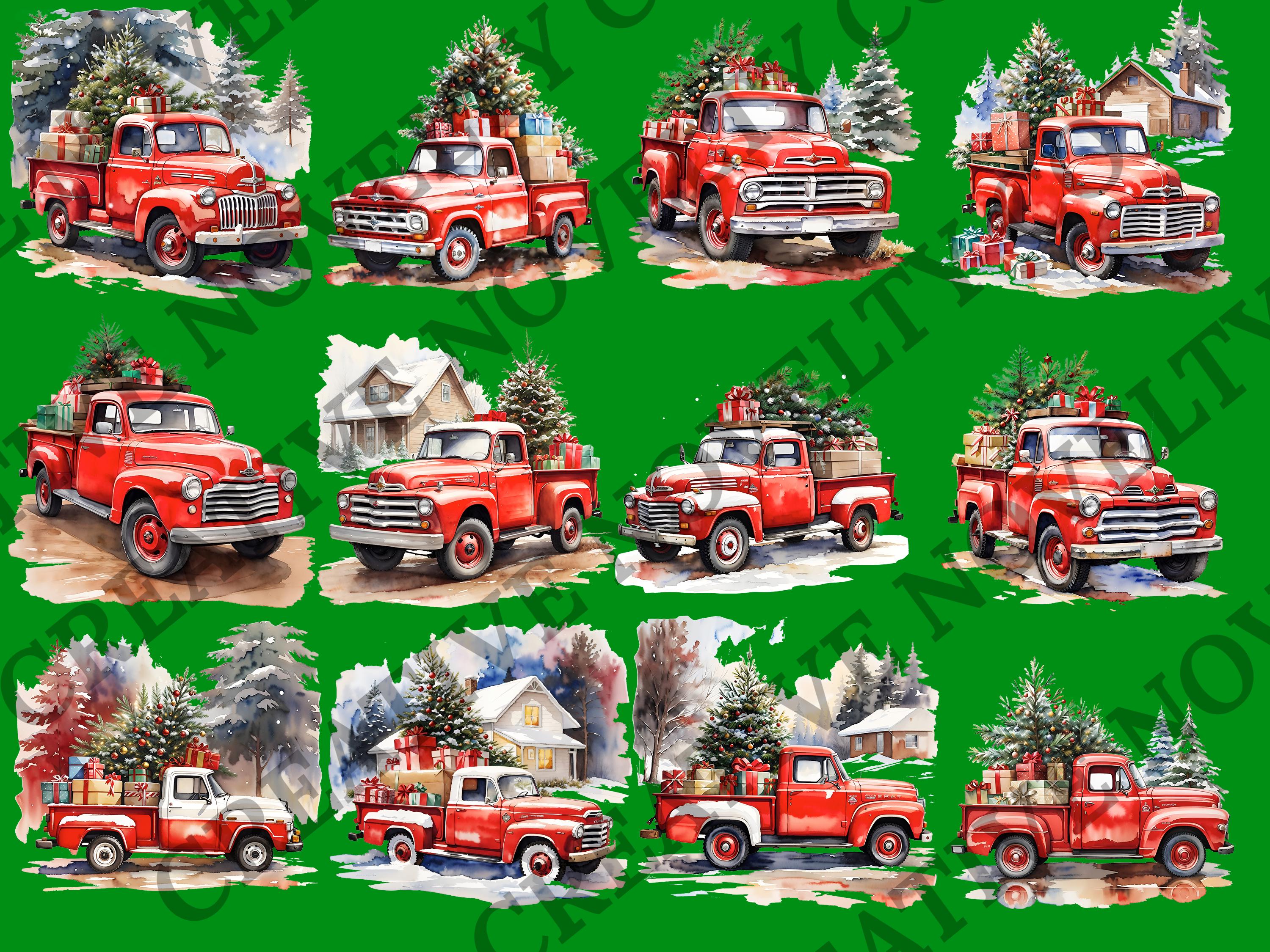 Vintage Red Christmas Truck Clipart, Snowy Scene, Perfect for Holiday ...