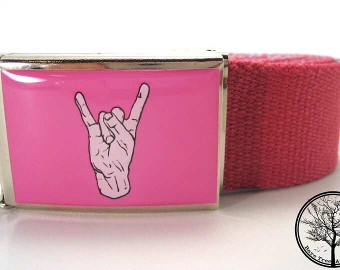 Pink Heavy Metal Horns Hand Sign on Chrome Colored Nickle Buckle With ...