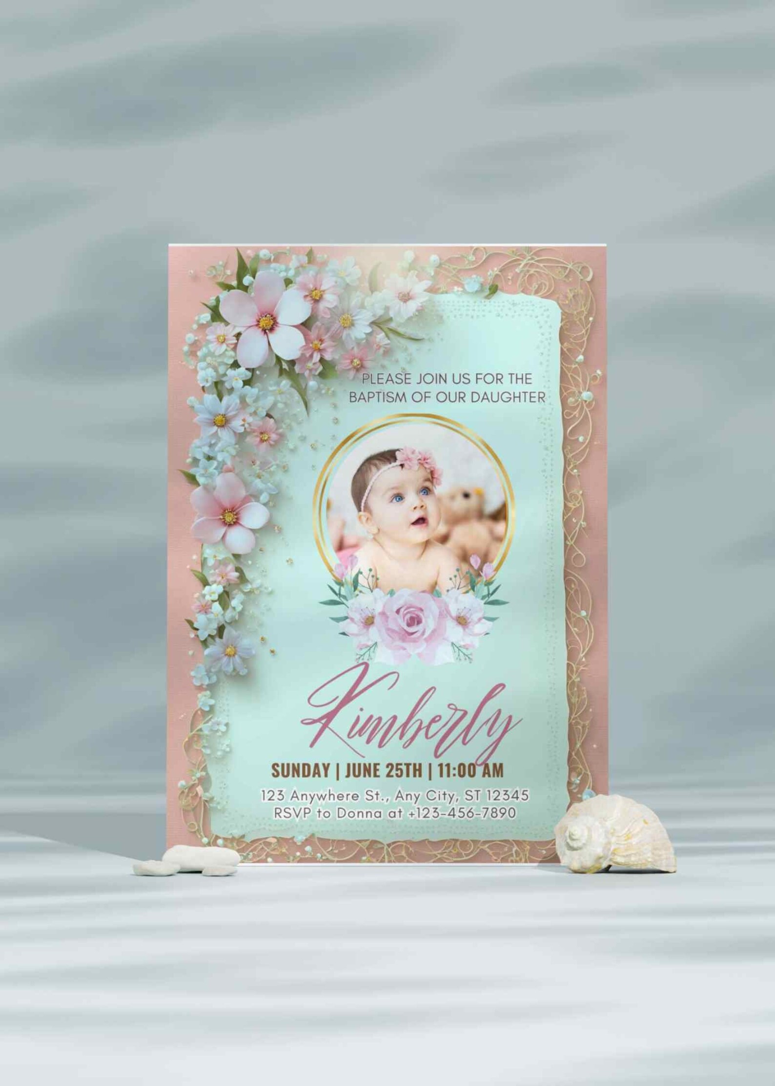 Editable Baby Baptism Invitation Template With 3D Flowers - Etsy