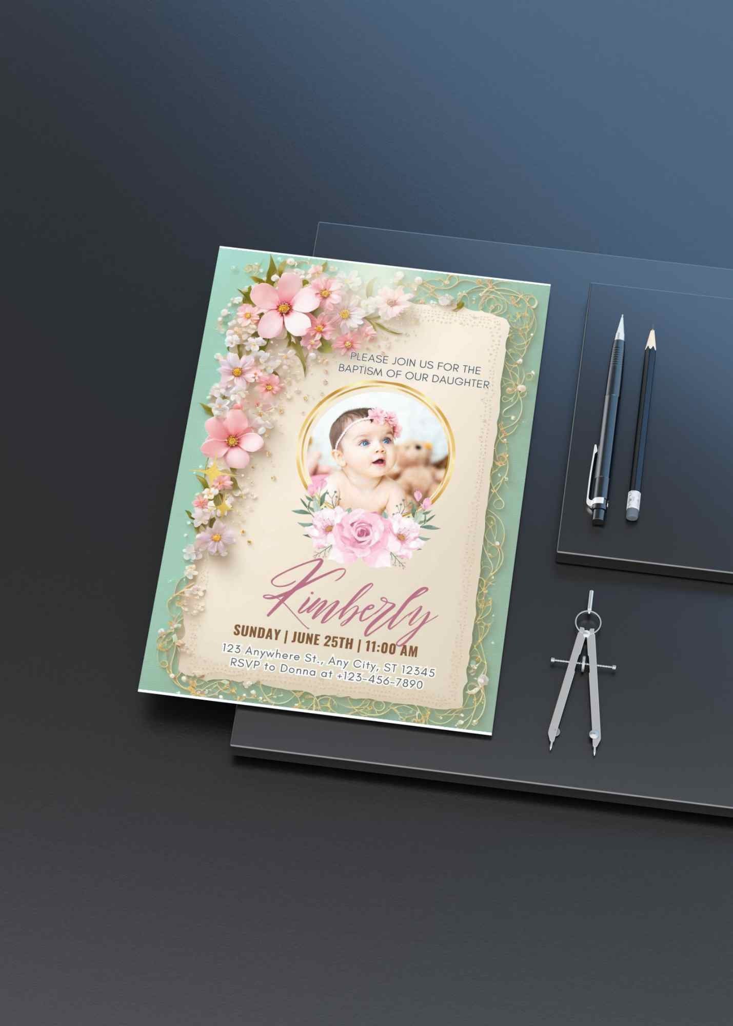 Editable Baby Baptism Invitation Template With 3D Flowers - Etsy