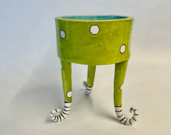 Candy Dish Whimsical Bright Green Pottery With Tall Striped Curly Legs ...