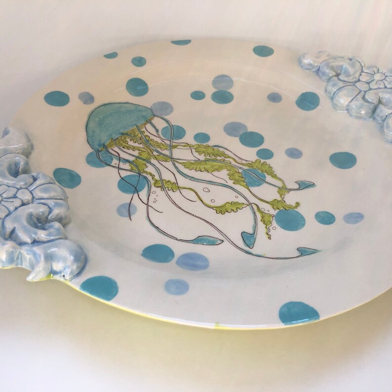 Whimsical Pottery Serving Platter With Turquoise & Blue Jellyfish ...
