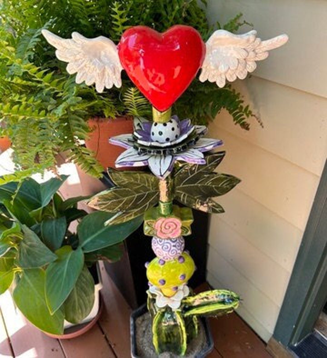 Whimsical Ceramic Garden Totem Sacred Heart With Wings, Cactus ...
