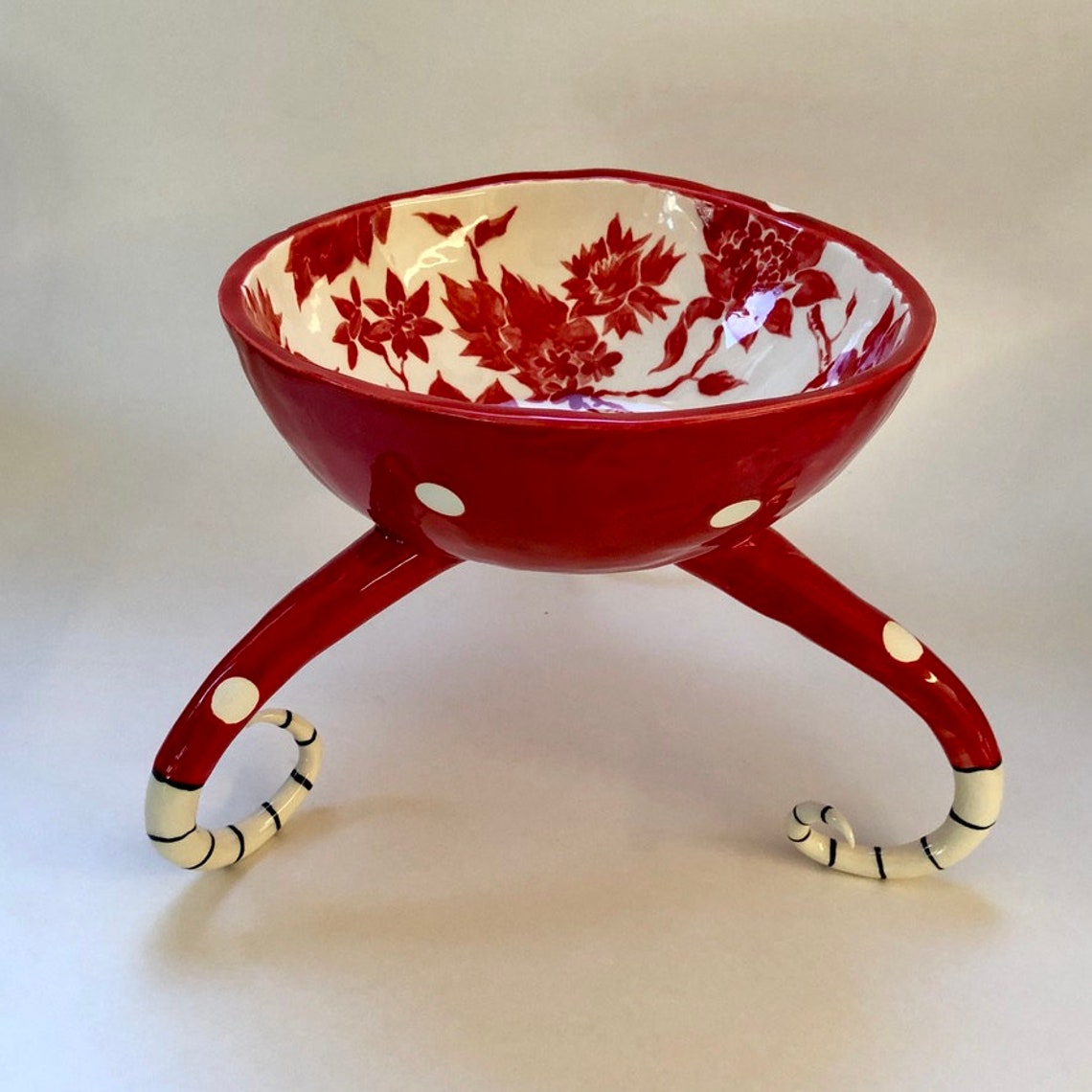 Tall pottery Red Serving Bowl with legs : big colorful | Etsy