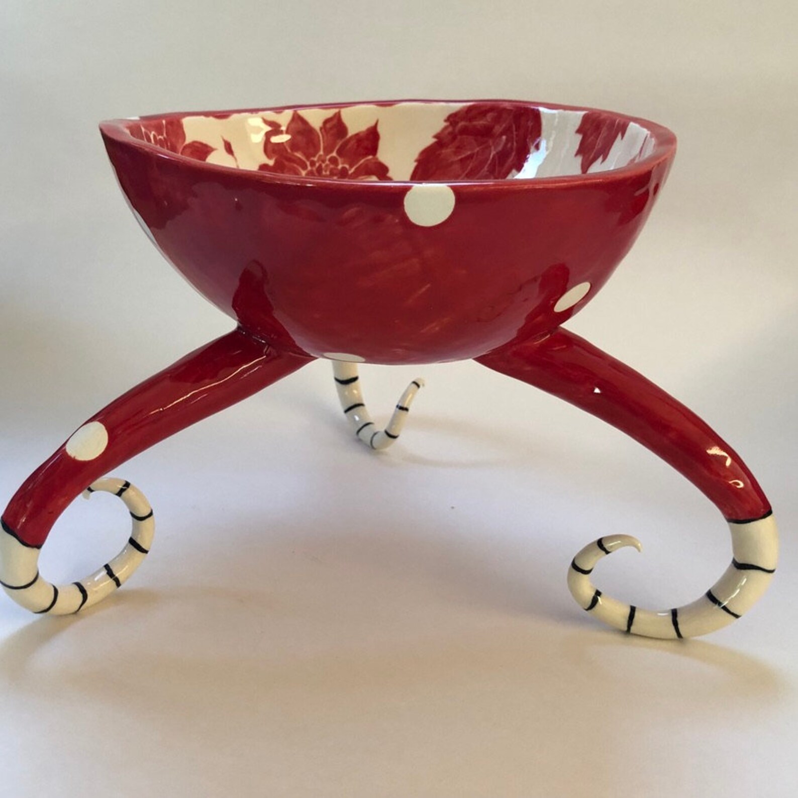 Tall pottery Red Serving Bowl with legs : big colorful | Etsy