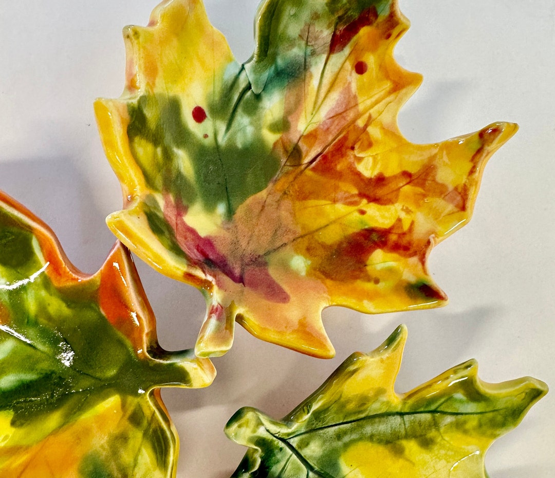 BRIGHT Colorful Autumn Leaf Dishes, Set of 5 Fall Foliage Pottery ...