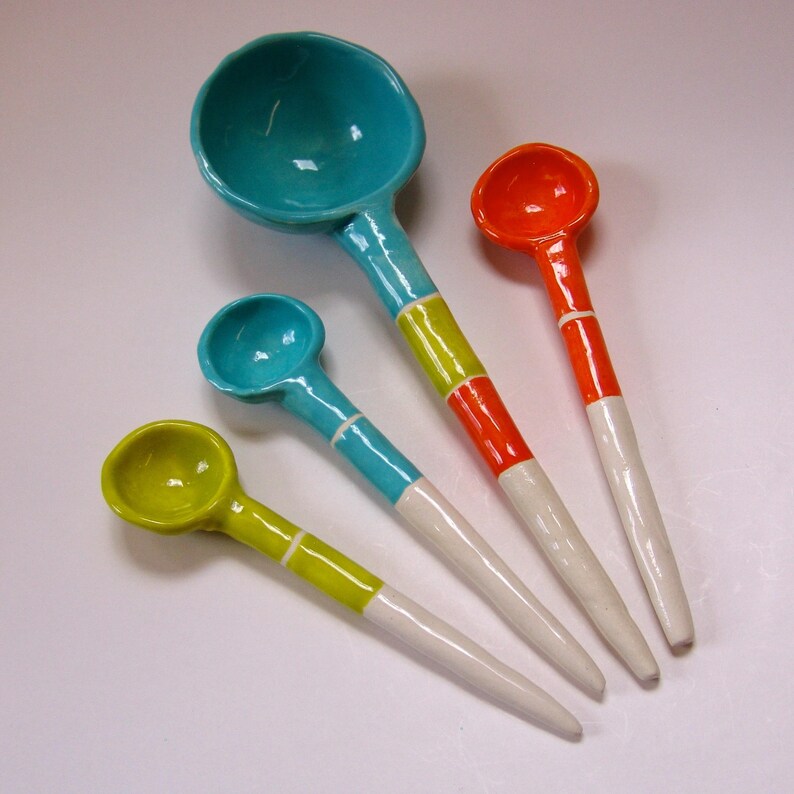 Set of 4 pottery Serving Spoons Bright orange chartreuse & | Etsy