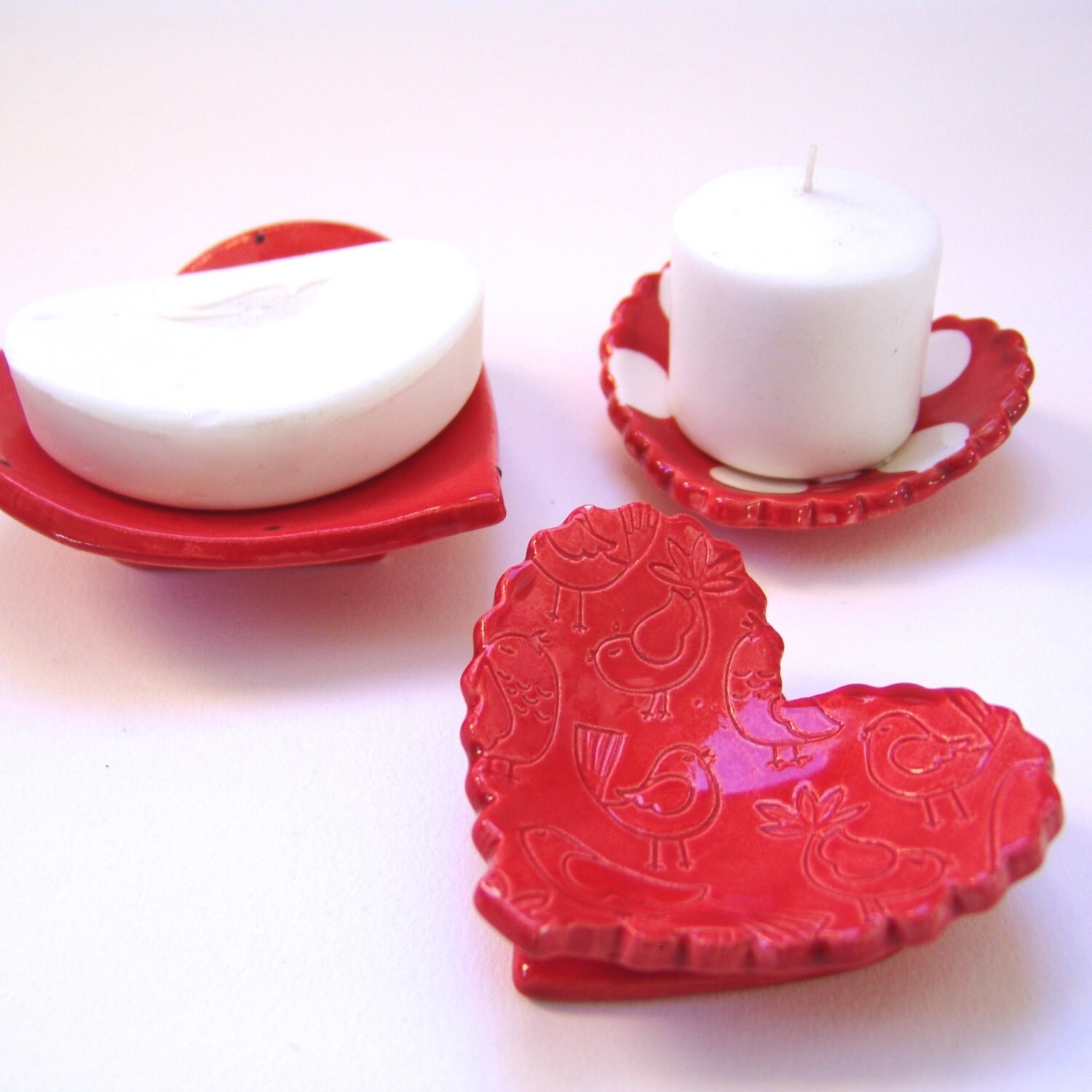 True Love pottery Heart Dishes 3 piece set polka-dot | Etsy