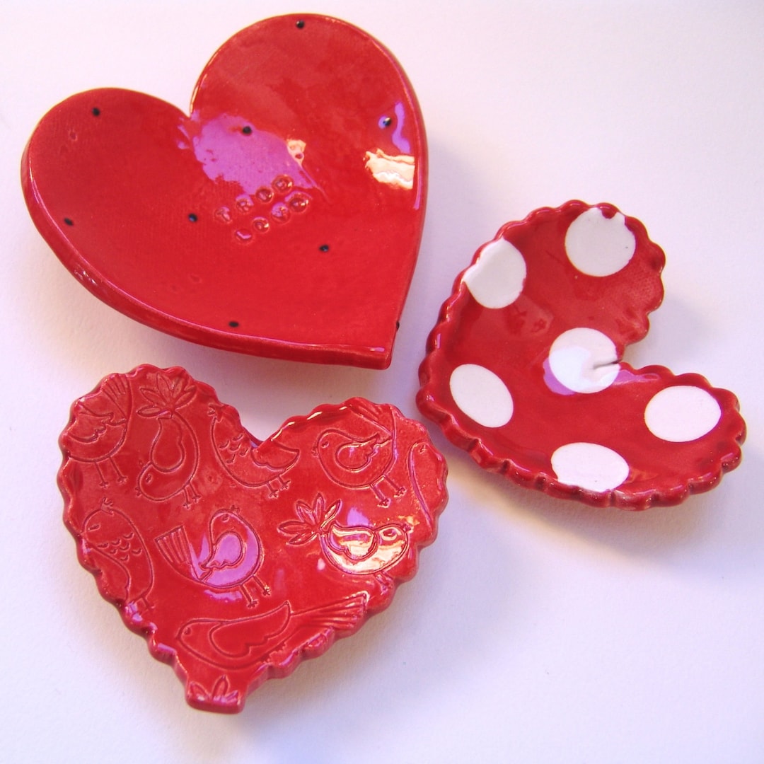 True Love Pottery Heart Dishes -- 3 Piece Set -- Polka-dot Ceramic Ring ...