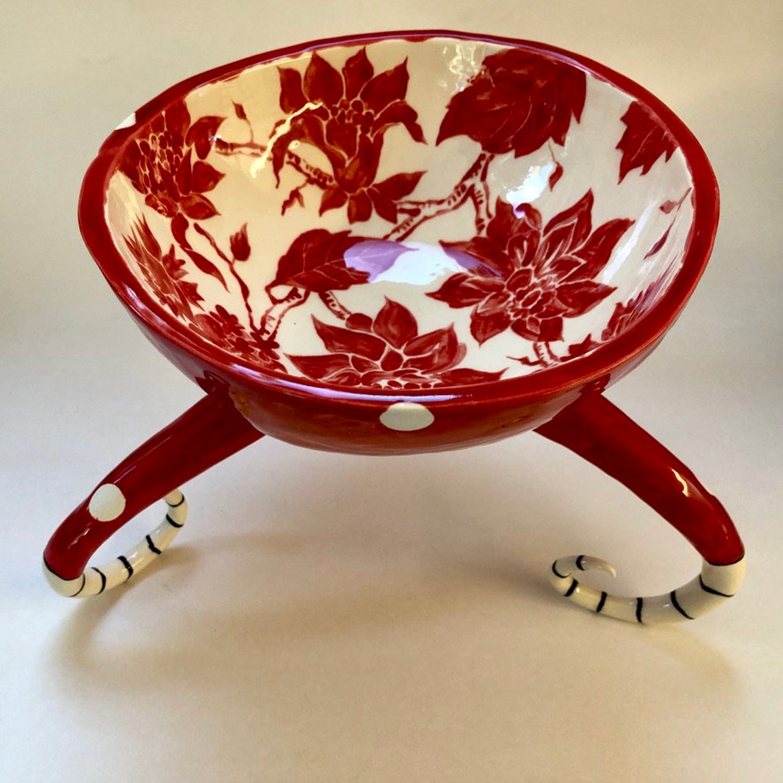 Tall pottery Red Serving Bowl with legs : big colorful | Etsy
