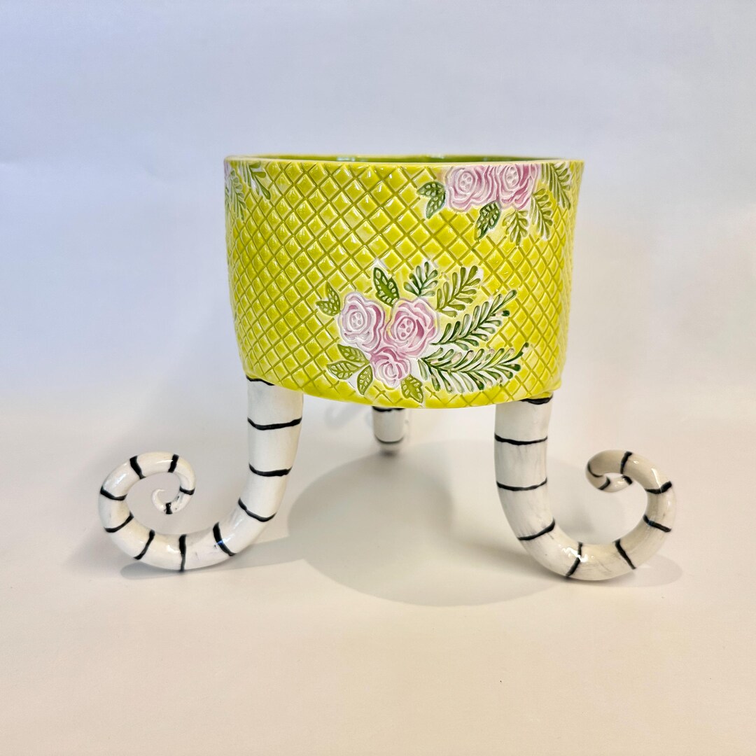 Whimsical Bright Chartreuse & Pink Pottery Bowl With Striped Feet Legs ...