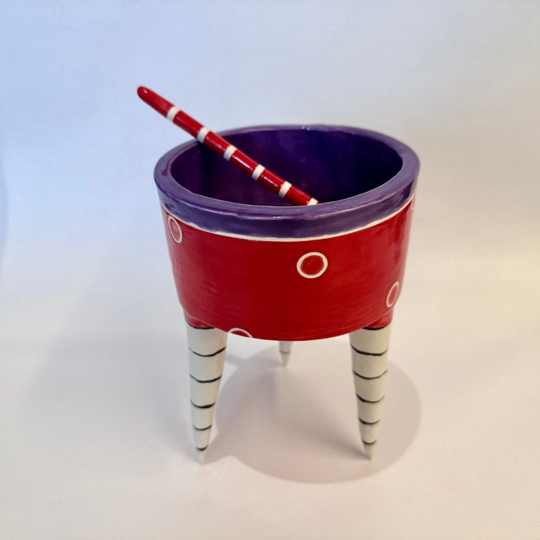 Whimsical Bright Red & Purple Pottery Bowl W/ Handmade Spoon, Striped ...