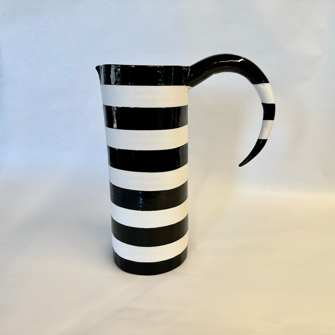 Über Tall Ceramic Pitcher Black & White Stripes W/ Whimsical Handle - Etsy
