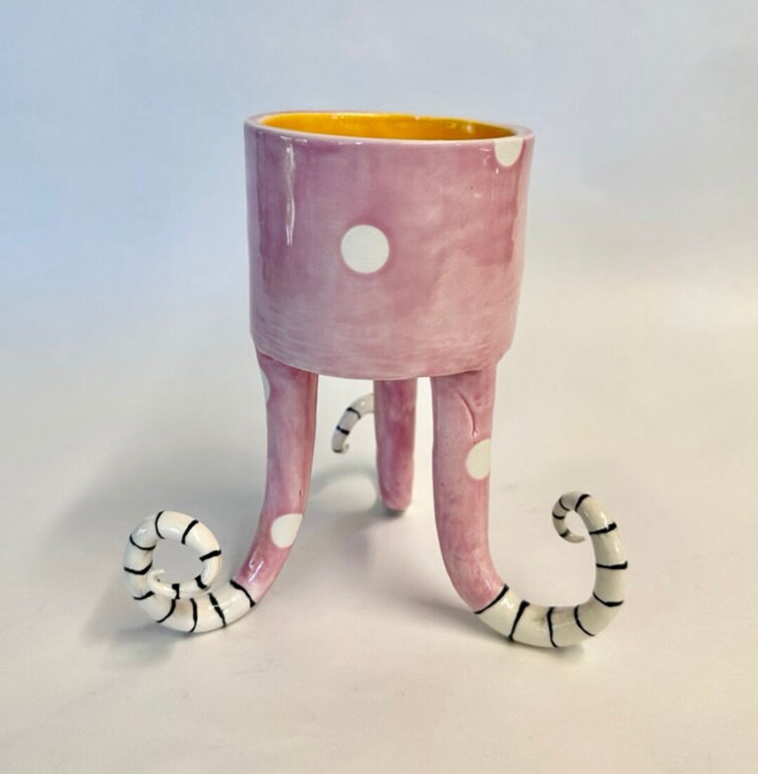 Candy Dish Pretty Pink Pottery With Tall Striped Curly Legs, Whimsical ...
