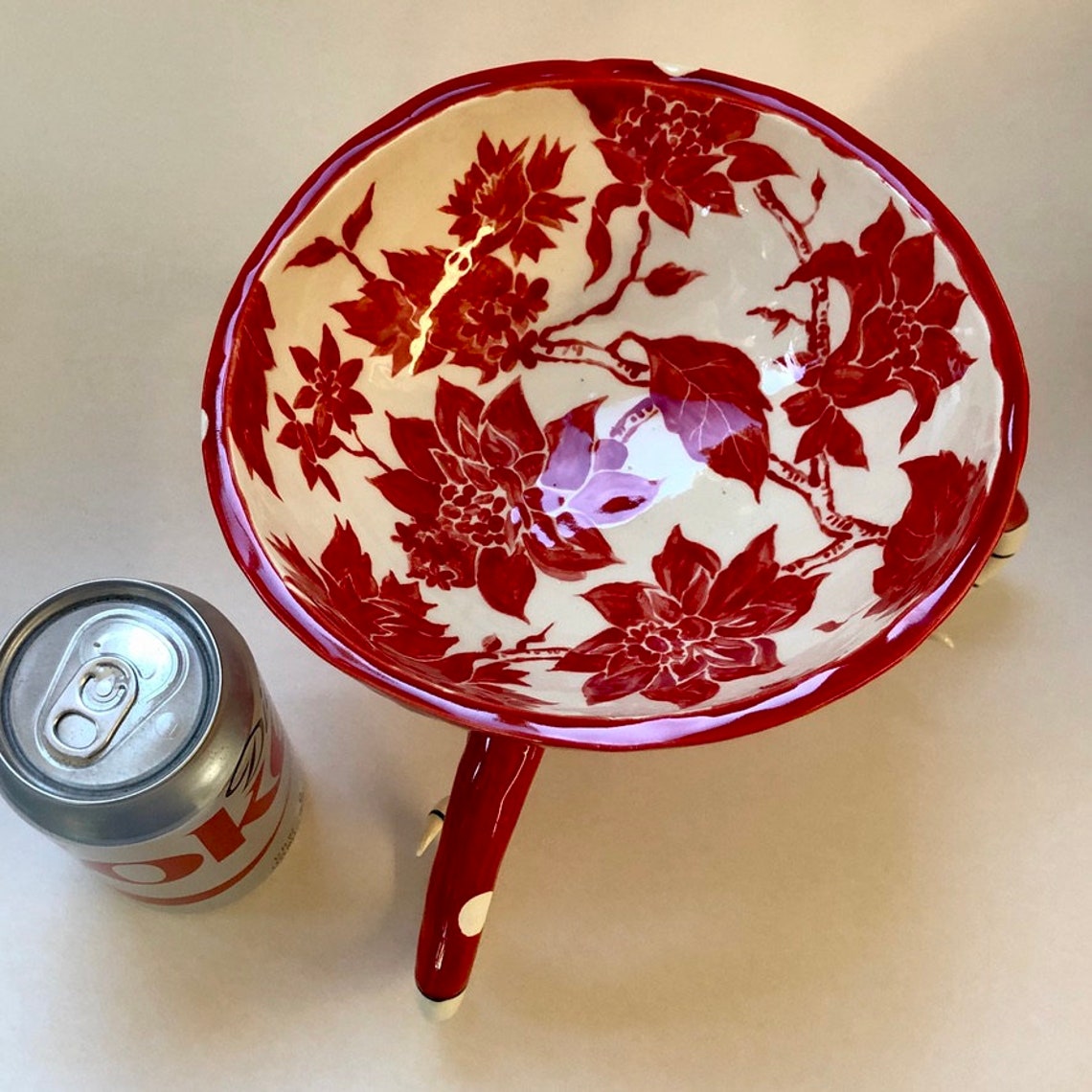 Tall Pottery Red Serving Bowl With Legs : Big Colorful - Etsy