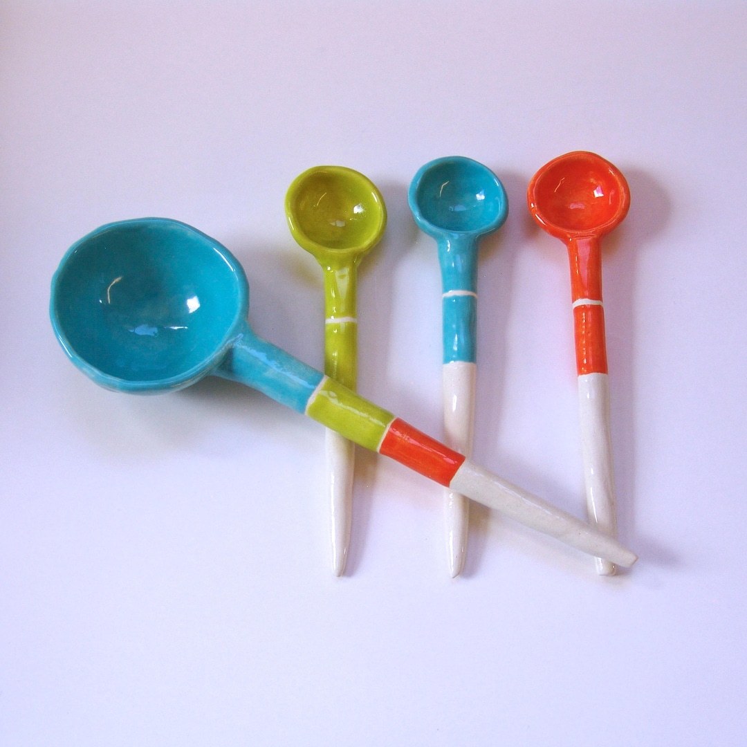 Set of 4 Pottery Serving Spoons -- Bright Orange, Chartreuse ...
