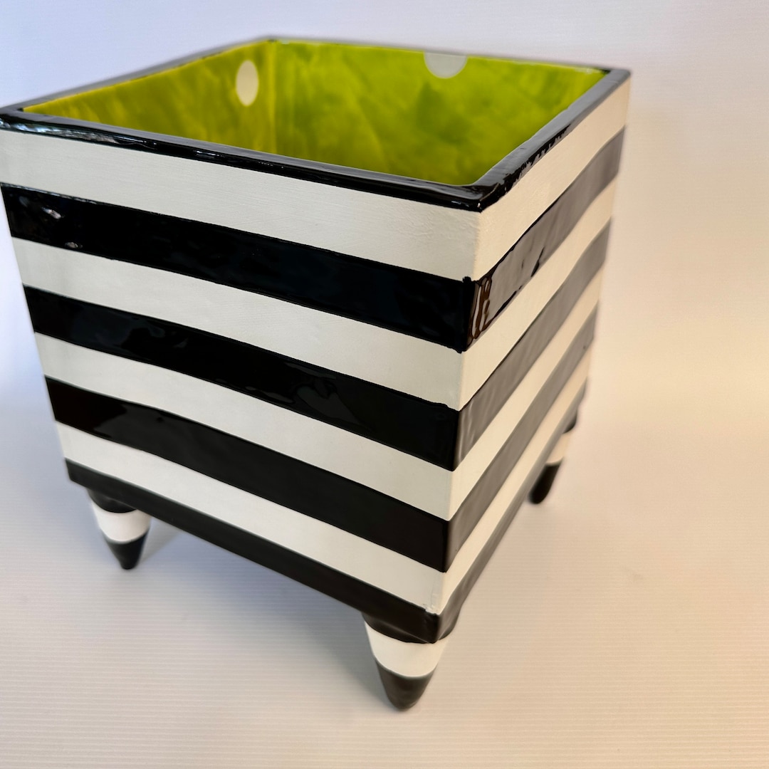 BIG Bold Black Striped Ceramic Planter, Lime Green Pottery - Etsy