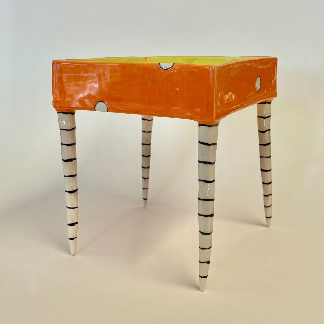 Whimsical Tangerine Orange Pottery Square Dish Ceramic Polka-dots Funky ...