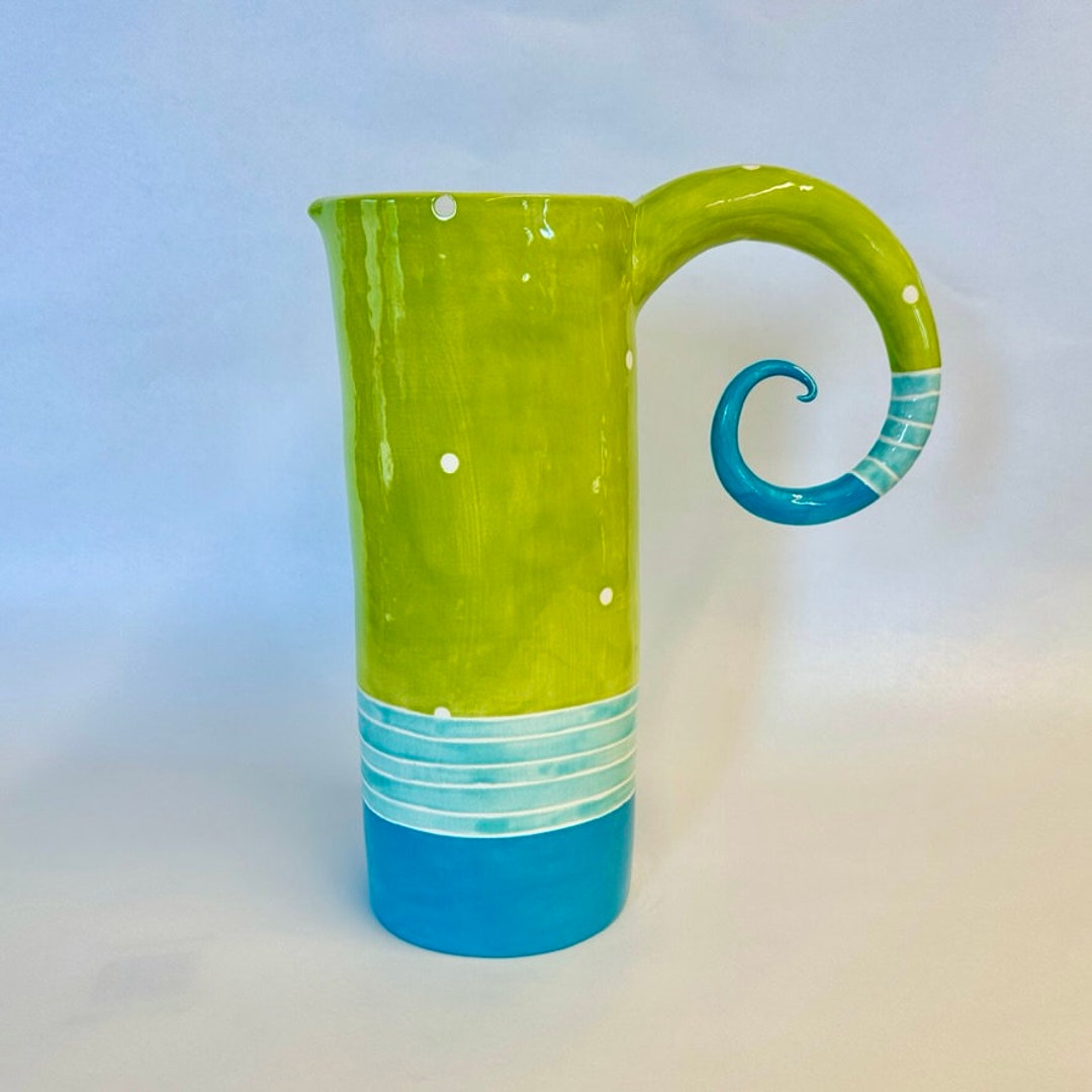 Tall Colorful Whimsical Pottery Pitcher / Lime Green & Light Turquoise ...
