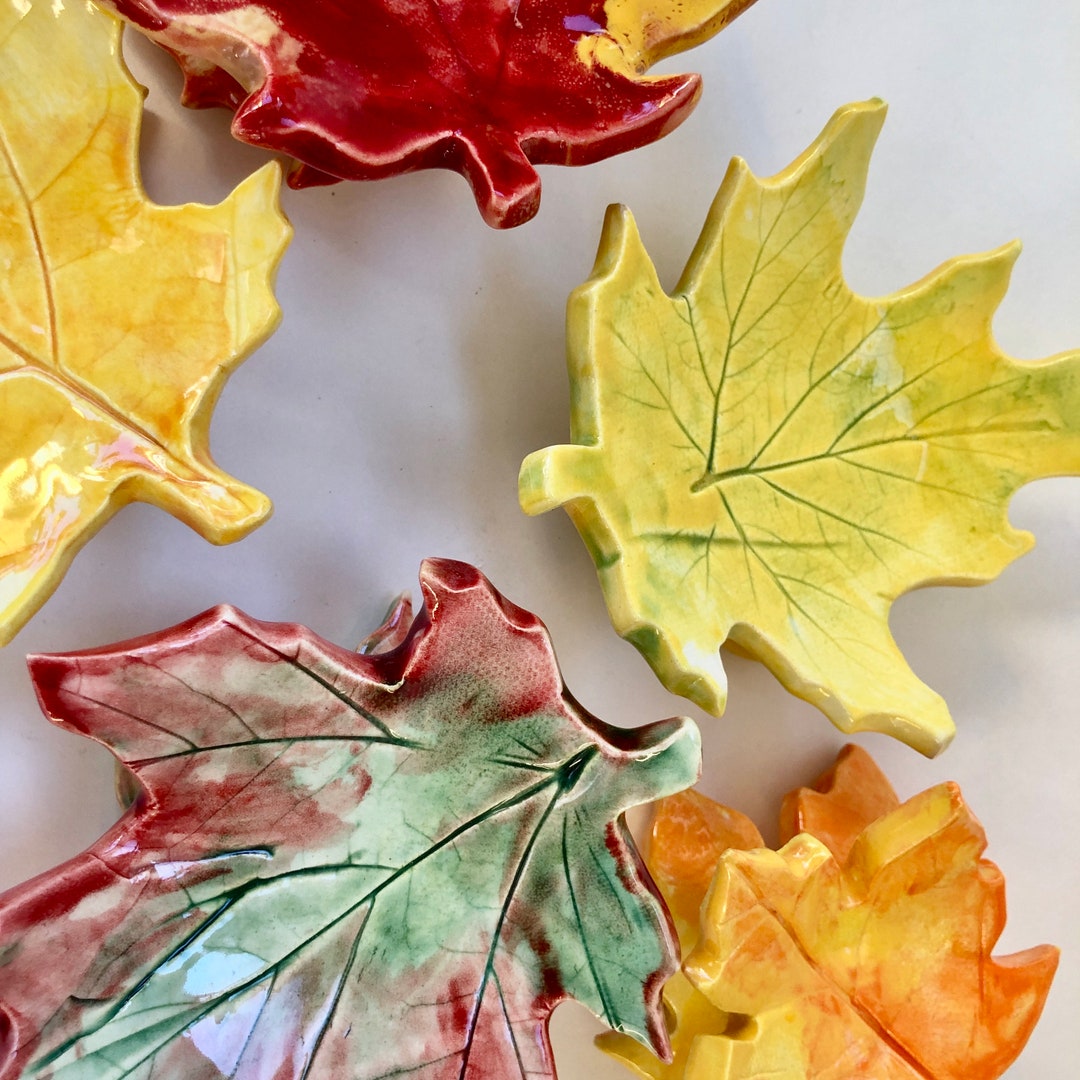 Set of 5 Ceramic Fall Leaf Dishes / Thanksgiving Decor, Hostess Gift ...