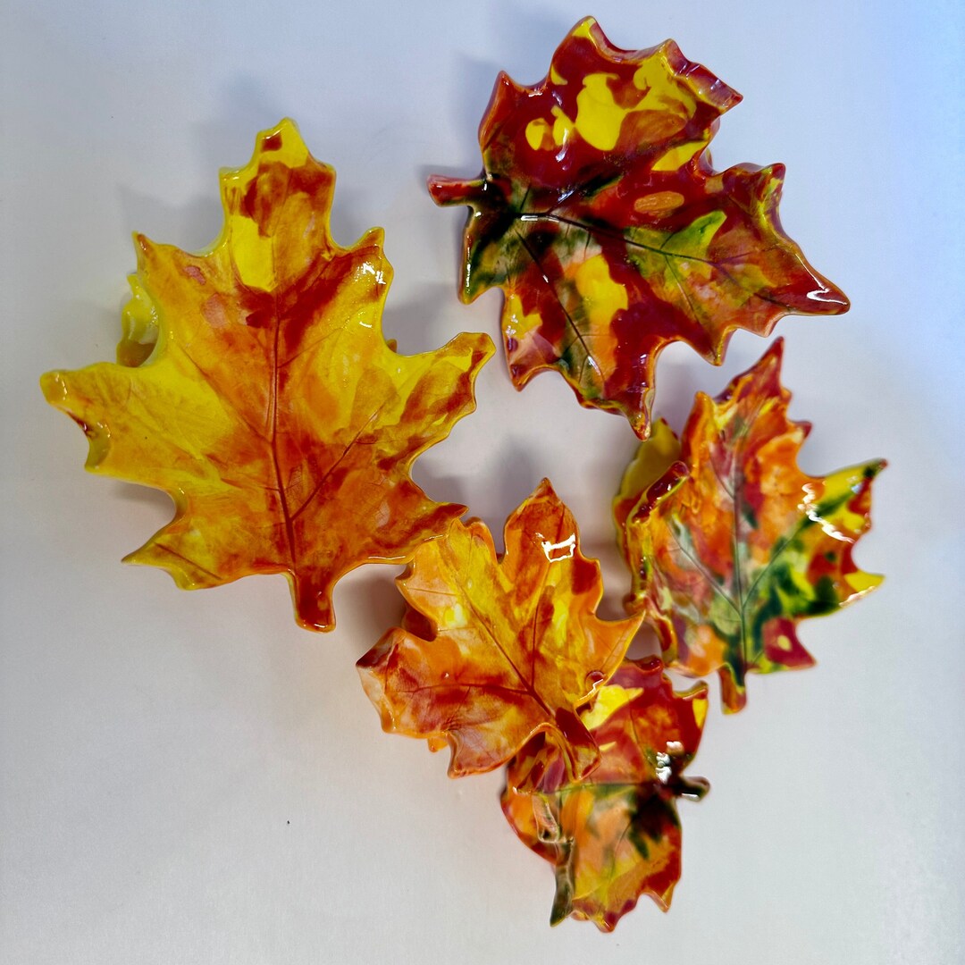 Fall Leaf Dishes Set of 5 Ceramic / Thanksgiving Decor, Hostess Gift ...