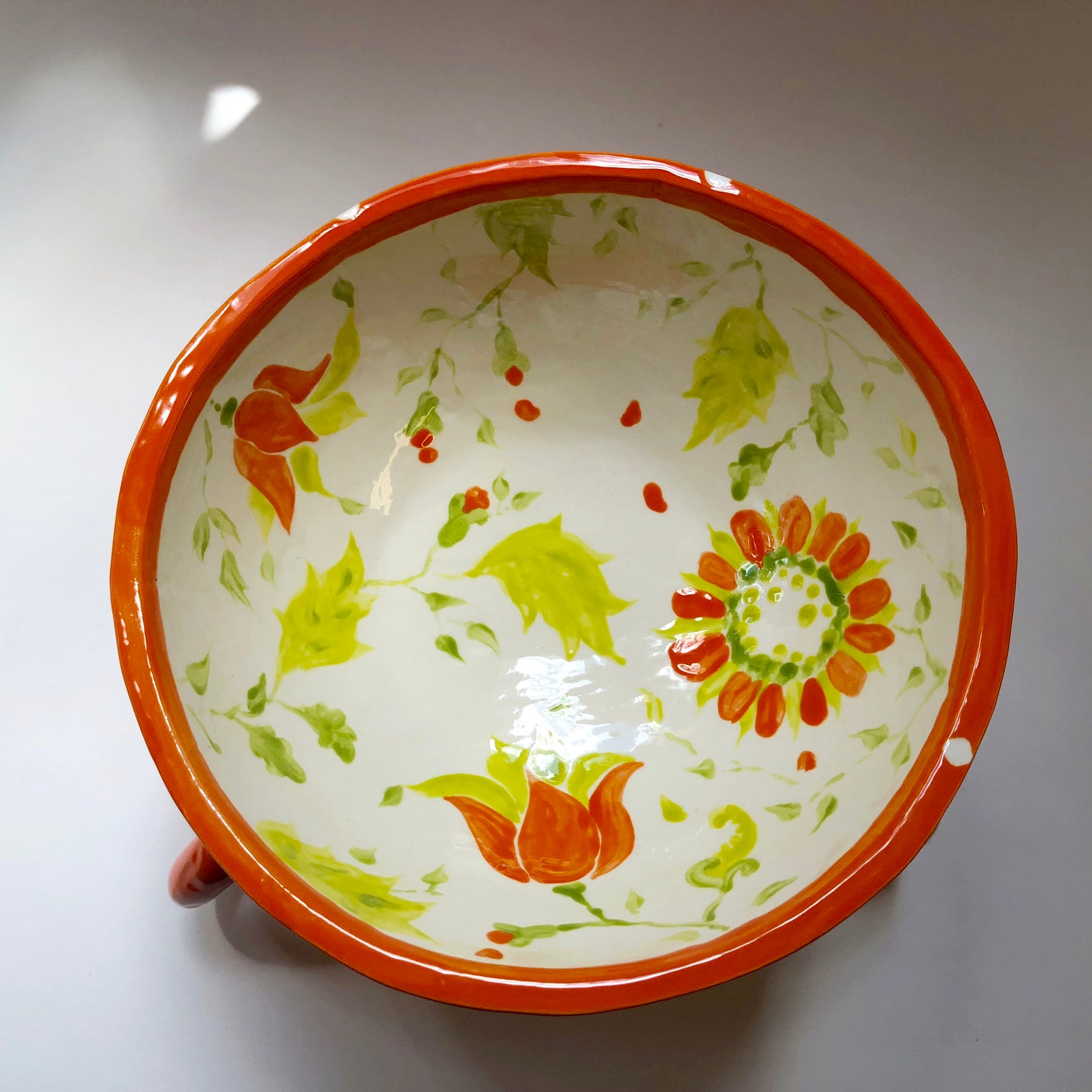 Hand-painted Floral Pottery Serving Bowl: Tangerine Orange Whimsical ...