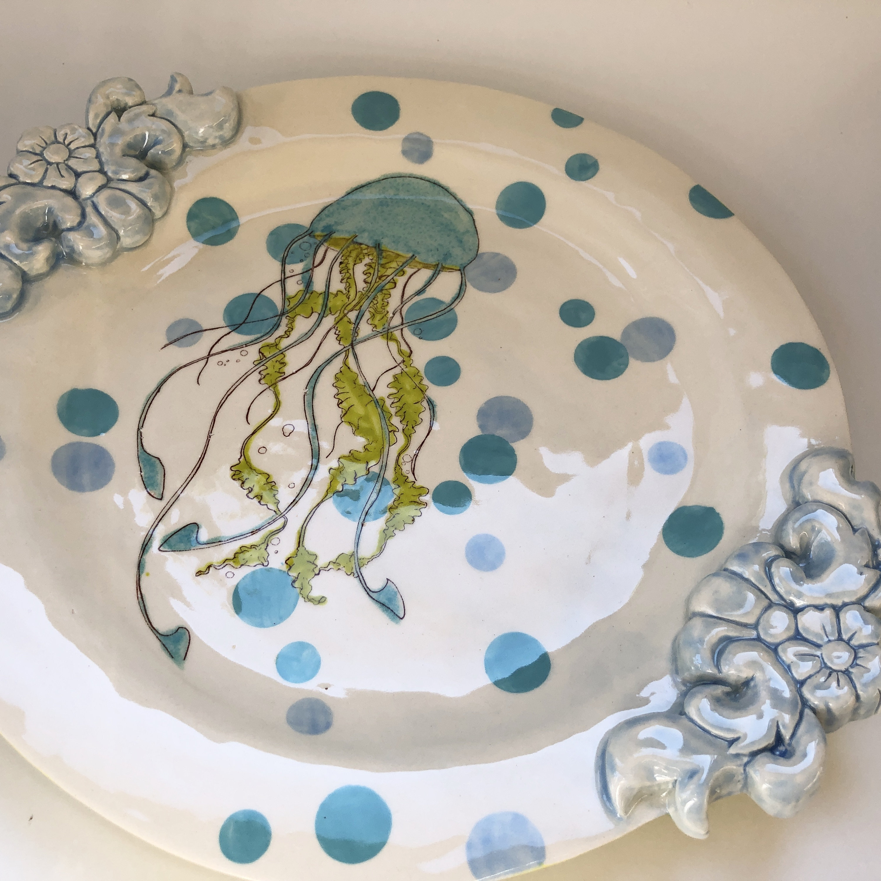 Whimsical Pottery Serving Platter With Turquoise & Blue Jellyfish ...